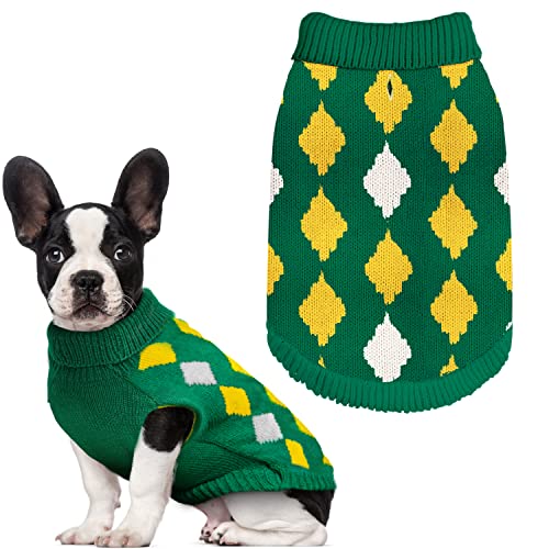 Dog Sweater Knitwear Dog Warm Winter Clothing for Medium Dogs Cats Puppy Classic Green Plaid Turtleneck Knitted Clothes for Boys Girls Dogs Gift for Dogs in Christmas New Year