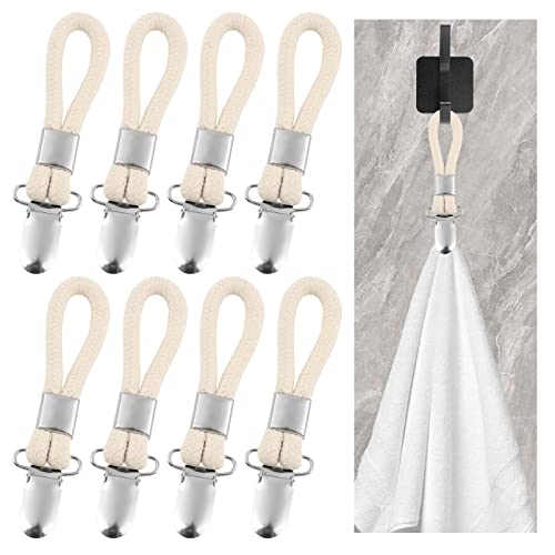 Towel Clips 8 Pcs Tea Towel Hanging Holder Clothing Home Beige Loop Cotton Metal Steel Organizer Small Item Hanger Clips for Outdoor Beach Caravan Camping Hanging Rack