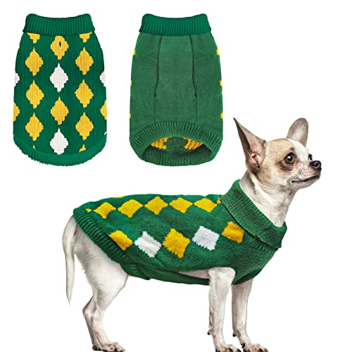 Dog Sweater Knitwear Dog Warm Winter Clothing for Large Dogs Cats Puppy Classic Green Plaid Turtleneck Knitted Clothes for Boys Girls Dogs Gift for Dogs in Christmas New Year