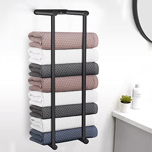 LIVEHITOP Bathroom Wall Towel Rack for Rolled Towels, Stainless Steel Bath Towel Holder, Mounted Folded Metal Towel Storage for Washcloths, Black