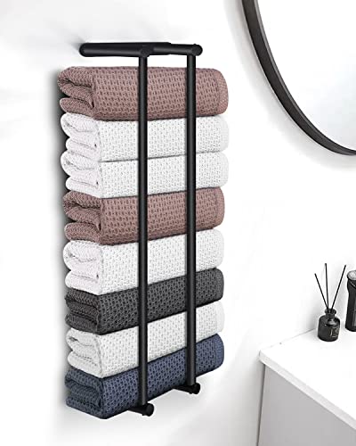 LIVEHITOP Bathroom Wall Towel Rack for Rolled Towels, Stainless Steel Bath Towel Holder, Mounted Folded Metal Towel Storage for Washcloths, Black