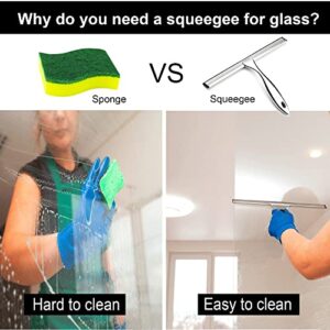 Squeegee for Shower Glass Door 12 Inch with Hooks, Shower Door Hook and Adhesive Hook, Stainless Steel Squeegee with Handle Rust Proof for Bathroom Glass Door, Mirror, Tile and Window Cleaning, Silver