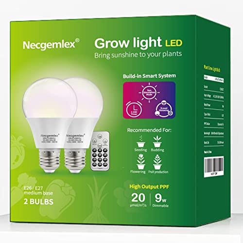 Necgemlex Smart LED Grow Light Bulbs with Remote Controller, Sun Mode, Built-in Daily Auto Timer, 4500K, A21/A70 E26/E27 9W Dimmable Full Spectrum Grow Bulbs for Indoor Plants, 2 Pack