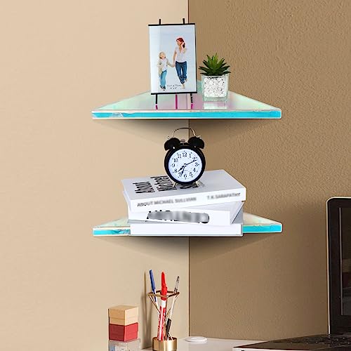 evron Acrylic Corner Mounting Shelf,Corner Shelves Waterproof for Bathroom Storage,Easy to Install Wall Corner Shelf,Set of 2 (Iridescent)