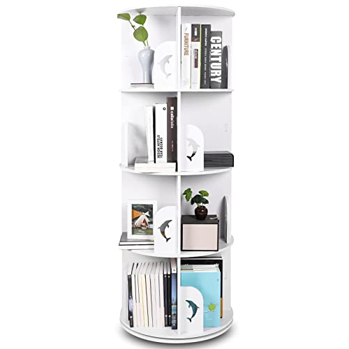 KMAXX Shoiberw Rotating Bookshelf，360 Display 4 Tier Floor Standing Bookcase Storage Rack, Wood Narrow Book Shelf Organizer for Bedroom, Living Room, White (1, Large)