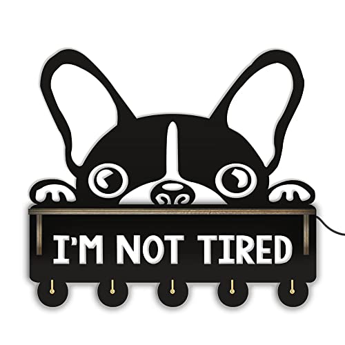 The Geeky Days Dog Puppy Key Holder for Wall, Boston Terrier I am Not Tired Wood Wall Mounted Hat Coat Rack with Mail Medal Organizer Shelf, 5 Metal Hooks Hanger, for Closet Door Hanging