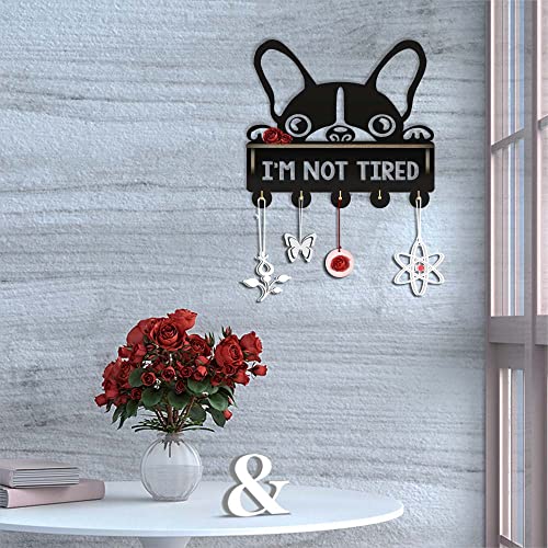 The Geeky Days Dog Puppy Key Holder for Wall, Boston Terrier I am Not Tired Wood Wall Mounted Hat Coat Rack with Mail Medal Organizer Shelf, 5 Metal Hooks Hanger, for Closet Door Hanging