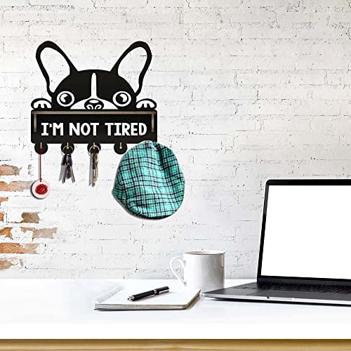 The Geeky Days Dog Puppy Key Holder for Wall, Boston Terrier I am Not Tired Wood Wall Mounted Hat Coat Rack with Mail Medal Organizer Shelf, 5 Metal Hooks Hanger, for Closet Door Hanging