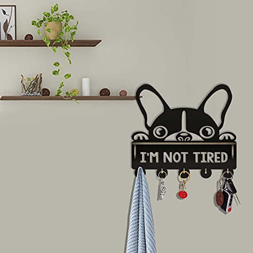 The Geeky Days Dog Puppy Key Holder for Wall, Boston Terrier I am Not Tired Wood Wall Mounted Hat Coat Rack with Mail Medal Organizer Shelf, 5 Metal Hooks Hanger, for Closet Door Hanging