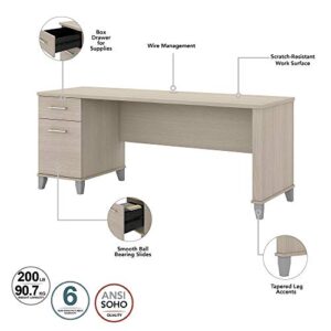 Bush Furniture Somerset 72W 3 Position Sit to Stand L Shaped Desk in Sand Oak & Somerset Tall 5 Shelf Bookcase in Sand Oak