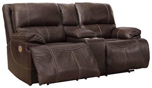 Signature Design by Ashley Ricmen Leather Adjutable Power Reclining Loveseat, Dark Brown & Ricmen Leather 2 Seat Adjustable Power Reclining Sofa with USB Charging, Dark Brown