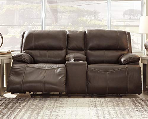 Signature Design by Ashley Ricmen Leather Adjutable Power Reclining Loveseat, Dark Brown & Ricmen Leather 2 Seat Adjustable Power Reclining Sofa with USB Charging, Dark Brown