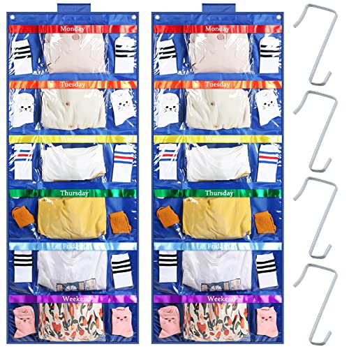 Amylove 2 Pack Days of the Week Kids Clothes Organizer with 4 Hooks Weekly Clothes Organizer for Kids Over the Door Portable Clothes Organizer Rainbow Kids Closet Organizers and Storage (Blue)