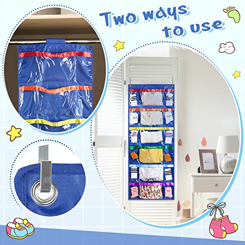 Amylove 2 Pack Days of the Week Kids Clothes Organizer with 4 Hooks Weekly Clothes Organizer for Kids Over the Door Portable Clothes Organizer Rainbow Kids Closet Organizers and Storage (Blue)