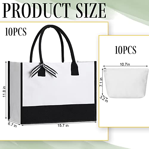 10 Pcs Canvas Tote Bags for Women Canvas Gift Bag with Makeup Bag Large Beach Tote Bag Reusable Blank Tote Bag for Bridesmaid Wedding Shopping Grocery Travel,15.7 x 11.8 x 6.7 Inch (Stripe Ribbon)