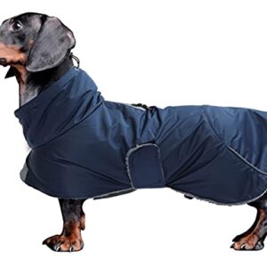 Dachshund Coats Waterproof, Perfect for Dachshunds, Sausage, Weiner Dog Winter Coat with Padded Fleece, Puppy Snowsuit with Adjustable Bands and High Vis Reflective Trim - Navy - XS