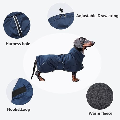 Dachshund Coats Waterproof, Perfect for Dachshunds, Sausage, Weiner Dog Winter Coat with Padded Fleece, Puppy Snowsuit with Adjustable Bands and High Vis Reflective Trim - Navy - XS