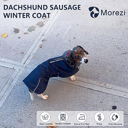 Dachshund Coats Waterproof, Perfect for Dachshunds, Sausage, Weiner Dog Winter Coat with Padded Fleece, Puppy Snowsuit with Adjustable Bands and High Vis Reflective Trim - Navy - XS