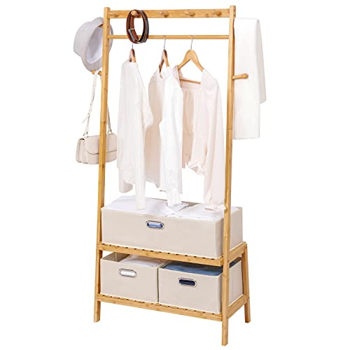 Homde Bamboo Clothing Rack with 3 Storage Box, Garment Rack Clothes Racks for Hanging Clothes, Standing Wardrobe Storage Rack with 2 Organizer Shelves, Portable, Natural