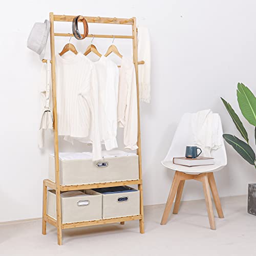 Homde Bamboo Clothing Rack with 3 Storage Box, Garment Rack Clothes Racks for Hanging Clothes, Standing Wardrobe Storage Rack with 2 Organizer Shelves, Portable, Natural