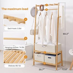 Homde Bamboo Clothing Rack with 3 Storage Box, Garment Rack Clothes Racks for Hanging Clothes, Standing Wardrobe Storage Rack with 2 Organizer Shelves, Portable, Natural