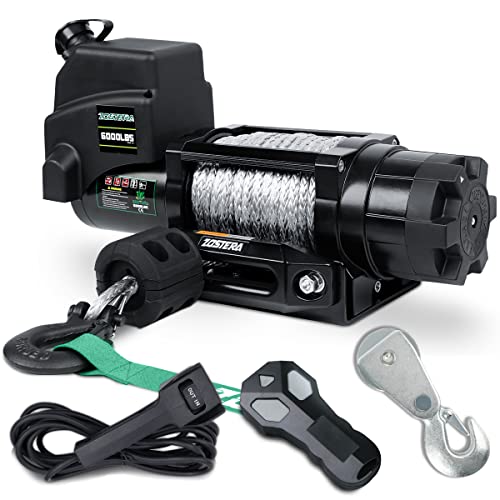 Zostera Electric Winch 12v 6000lbs Boat Trailer Winch with Remote Synthetic Rope 1/4 in x 55 ft Hook Wireless Remote Handlebar Switch, Automatic Braking, Waterproof, for ATV UTV Powersports Off Road