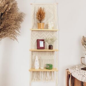 jiuxqt 3 tier macrame shelf wall hanging boho shelf decor floating shelves wood hanging mounted flotantes farmhouse bohemian living room decor bedroom home decoration kitchen storage