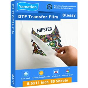 yamation dtf transfer film glossy: 8.5" x 11"inch 50 sheets pet paper glossy clear cold peel direct to film transfer film for tshirt