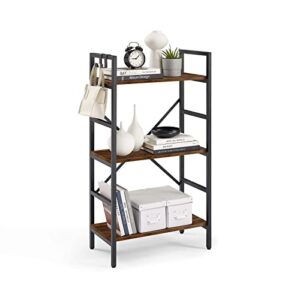 luckyeestar 3 tier bookshelf, bookcase shelf storage organizer, modern book shelf for bedroom, living room and home office, wood & metal (rustic brown)