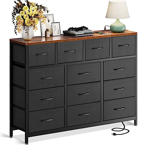 ODK Long Dresser with 3 Outlets and 2 USB Charging Ports, 57'' Wide TV Stand with 13 Large Drawers, Chest of Drawers Easy-Pull Fabric Dresser for Bedroom, Living Room, Hallway, Black and Vintage