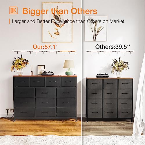 ODK Long Dresser with 3 Outlets and 2 USB Charging Ports, 57'' Wide TV Stand with 13 Large Drawers, Chest of Drawers Easy-Pull Fabric Dresser for Bedroom, Living Room, Hallway, Black and Vintage