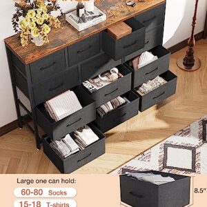 ODK Long Dresser with 3 Outlets and 2 USB Charging Ports, 57'' Wide TV Stand with 13 Large Drawers, Chest of Drawers Easy-Pull Fabric Dresser for Bedroom, Living Room, Hallway, Black and Vintage