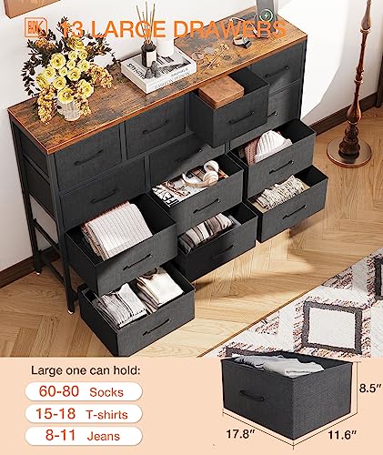 ODK Long Dresser with 3 Outlets and 2 USB Charging Ports, 57'' Wide TV Stand with 13 Large Drawers, Chest of Drawers Easy-Pull Fabric Dresser for Bedroom, Living Room, Hallway, Black and Vintage