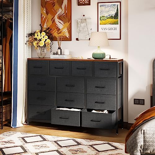 ODK Long Dresser with 3 Outlets and 2 USB Charging Ports, 57'' Wide TV Stand with 13 Large Drawers, Chest of Drawers Easy-Pull Fabric Dresser for Bedroom, Living Room, Hallway, Black and Vintage