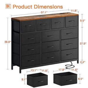 ODK Long Dresser with 3 Outlets and 2 USB Charging Ports, 57'' Wide TV Stand with 13 Large Drawers, Chest of Drawers Easy-Pull Fabric Dresser for Bedroom, Living Room, Hallway, Black and Vintage