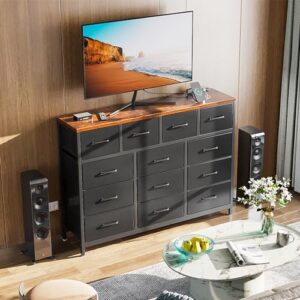 ODK Long Dresser with 3 Outlets and 2 USB Charging Ports, 57'' Wide TV Stand with 13 Large Drawers, Chest of Drawers Easy-Pull Fabric Dresser for Bedroom, Living Room, Hallway, Black and Vintage