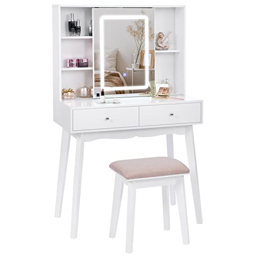 BEWISHOME Vanity Desk with Mirror and Lights, Makeup Vanity with Lights, White, Makeup Desk with 3 Color Lighting, Vanity Table with Cabinet & 2 Drawers, Dressing Table Makeup Table FST15M