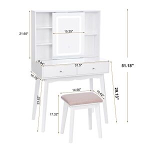 BEWISHOME Vanity Desk with Mirror and Lights, Makeup Vanity with Lights, White, Makeup Desk with 3 Color Lighting, Vanity Table with Cabinet & 2 Drawers, Dressing Table Makeup Table FST15M