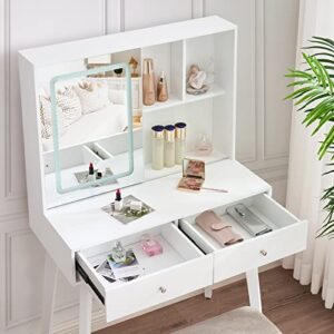 BEWISHOME Vanity Desk with Mirror and Lights, Makeup Vanity with Lights, White, Makeup Desk with 3 Color Lighting, Vanity Table with Cabinet & 2 Drawers, Dressing Table Makeup Table FST15M