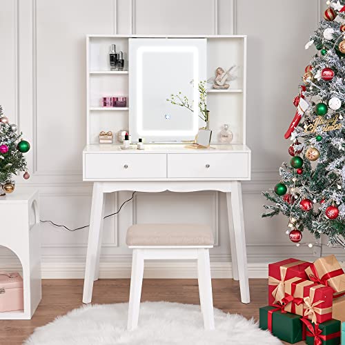 BEWISHOME Vanity Desk with Mirror and Lights, Makeup Vanity with Lights, White, Makeup Desk with 3 Color Lighting, Vanity Table with Cabinet & 2 Drawers, Dressing Table Makeup Table FST15M