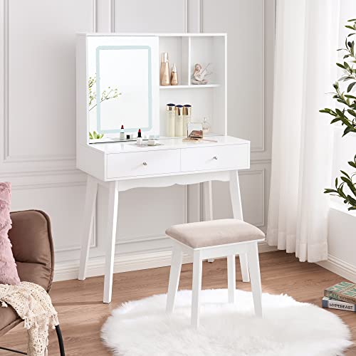 BEWISHOME Vanity Desk with Mirror and Lights, Makeup Vanity with Lights, White, Makeup Desk with 3 Color Lighting, Vanity Table with Cabinet & 2 Drawers, Dressing Table Makeup Table FST15M