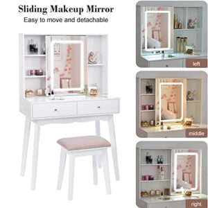 BEWISHOME Vanity Desk with Mirror and Lights, Makeup Vanity with Lights, White, Makeup Desk with 3 Color Lighting, Vanity Table with Cabinet & 2 Drawers, Dressing Table Makeup Table FST15M