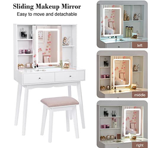 BEWISHOME Vanity Desk with Mirror and Lights, Makeup Vanity with Lights, White, Makeup Desk with 3 Color Lighting, Vanity Table with Cabinet & 2 Drawers, Dressing Table Makeup Table FST15M