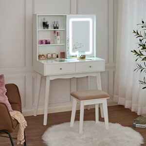 BEWISHOME Vanity Desk with Mirror and Lights, Makeup Vanity with Lights, White, Makeup Desk with 3 Color Lighting, Vanity Table with Cabinet & 2 Drawers, Dressing Table Makeup Table FST15M