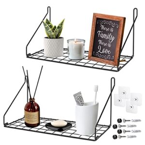 wall floating shelves 2 pack, no drill adhesive mount, black metal hanging shelf, storage bookshelf rack for bathroom, bedroom, kitchen, laundry, dorm, office, garage, decor dispaly and organization