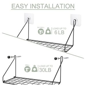 Wall Floating Shelves 2 Pack, No Drill Adhesive Mount, Black Metal Hanging Shelf, Storage Bookshelf Rack for Bathroom, Bedroom, Kitchen, Laundry, Dorm, Office, Garage, Decor Dispaly and Organization