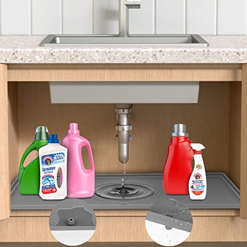 Under Sink Mat Waterproof 28"x22" Kitchen Cabinet Mat - Silicone Under Sink Liner Drip Tray with Drain Hole for The Kitchen, Bath, and Laundry Cabinets