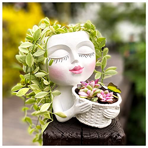 CLEECOO Face Planter Pots Head Double Flower Pots in One for Indoor and Outdoor with Drainage Hole(Large Size) (White)