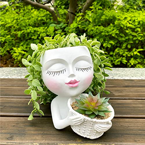 CLEECOO Face Planter Pots Head Double Flower Pots in One for Indoor and Outdoor with Drainage Hole(Large Size) (White)