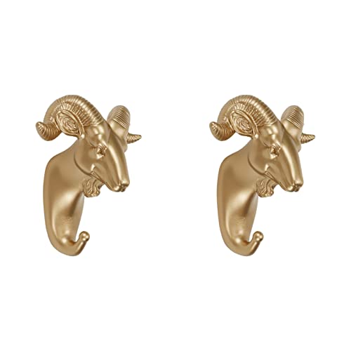 Curqia Animal Shaped Coat Hook Gold Decorative Wall Hook Wildlife Collection Hook Goat Head Hanger for Coat/Clothes/Keys/Towels, 2 Set